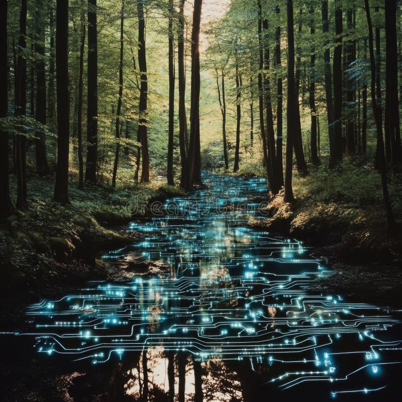 Digital Stream in the Forest, Nature Meets Technology Stock Photo ...