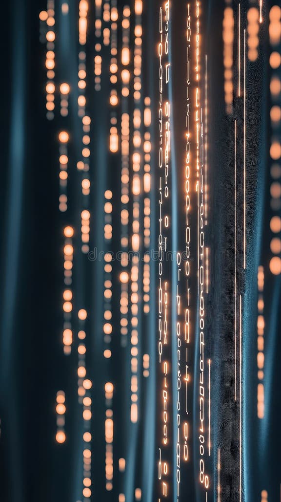 Digital Stream of Glowing Binary Code Data with Soft Focus Particles, Abstract Futuristic ...