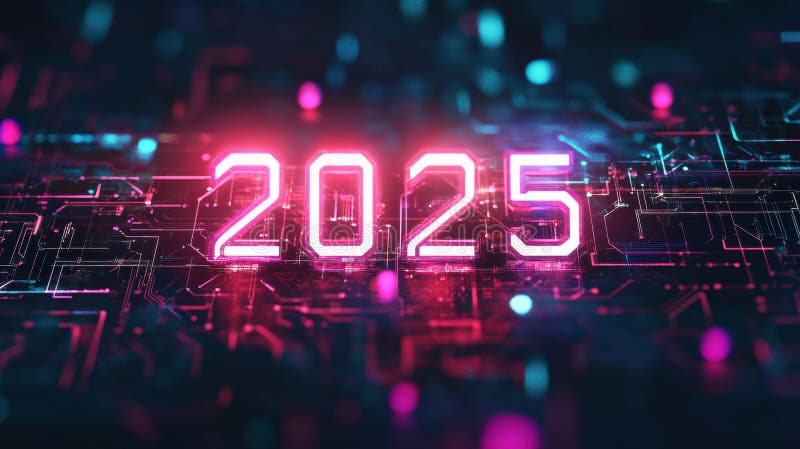 Digital Style 2025 Text with Futuristic Circuit Board Pattern ...