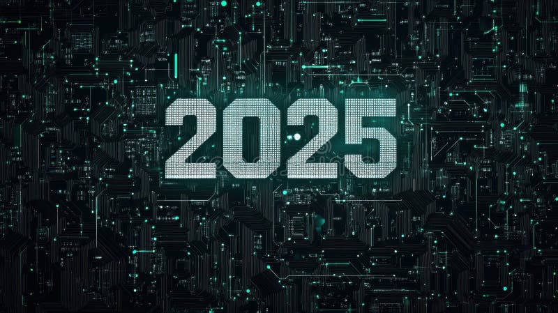 Digital Style 2025 Text with Futuristic Circuit Board Pattern ...