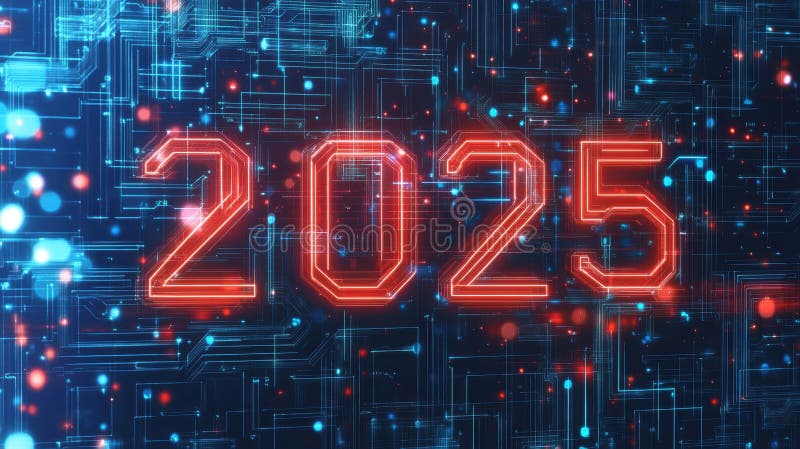 Digital Style 2025 Text with Futuristic Circuit Board Pattern ...