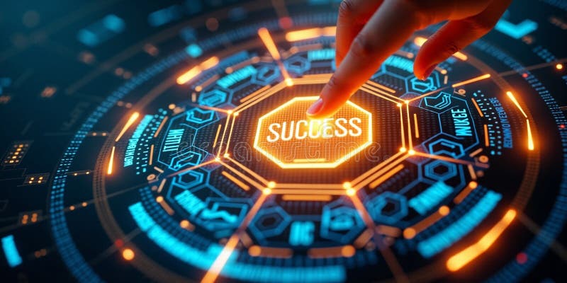 Hand Touching Glowing Success Icon and Business Analytics Interface ...