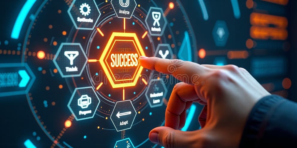 Hand Touching Glowing Success Icon and Business Analytics Interface ...