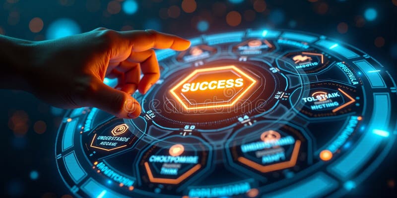 Hand Touching Glowing Success Icon and Business Analytics Interface ...