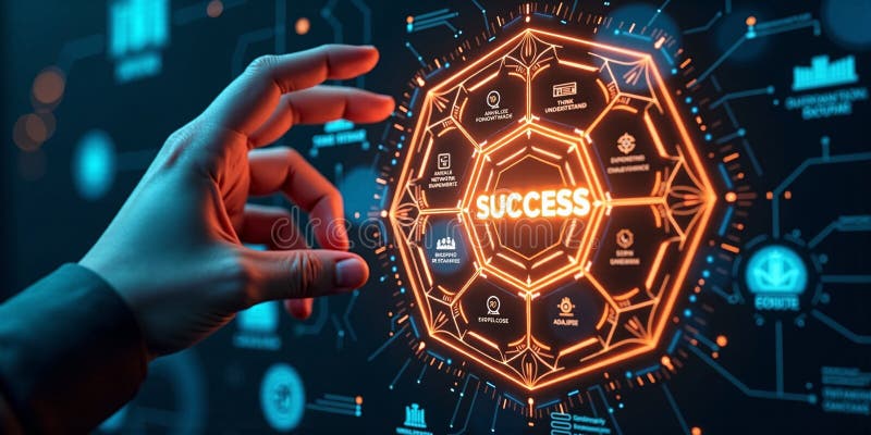 Hand Touching Glowing Success Icon and Business Analytics Interface ...