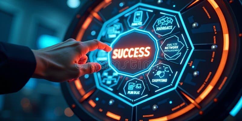 Hand Touching Glowing Success Icon and Business Analytics Interface ...