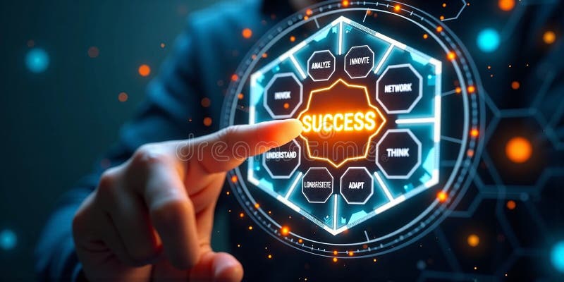 Hand Touching Glowing Success Icon and Business Analytics Interface ...