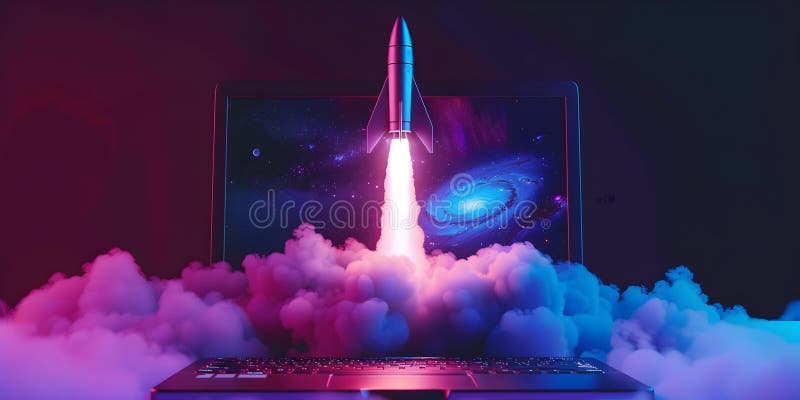 Digital Success: a Rocket Launching on a Laptop Screen with an ...