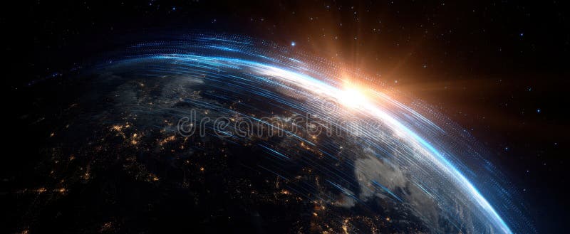 The Digital Sunrise Over Planet Earth with Glowing Data Trails in Space ...
