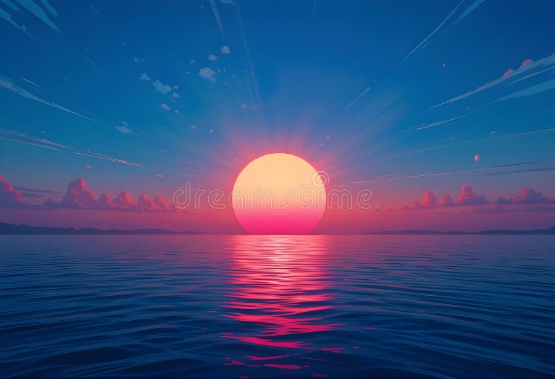 Digital Sunset Ocean Artwork with Vibrant Sun and Serene Seascape ...