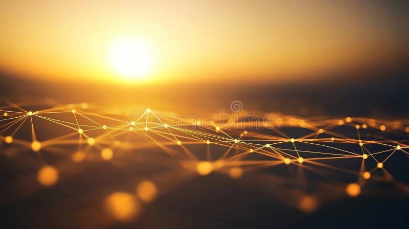 Digital Sunset, Orange Technology Backdrop. Connected Dots, Triangles ...