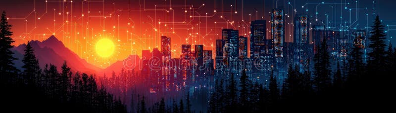 Digital Sunset Over Urban Skyline with Forest and Tech Elements in ...