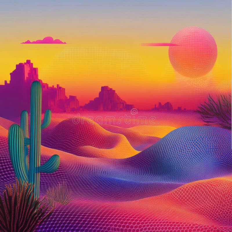 Digital Sunset Over a Wireframe Desert Stock Illustration ...