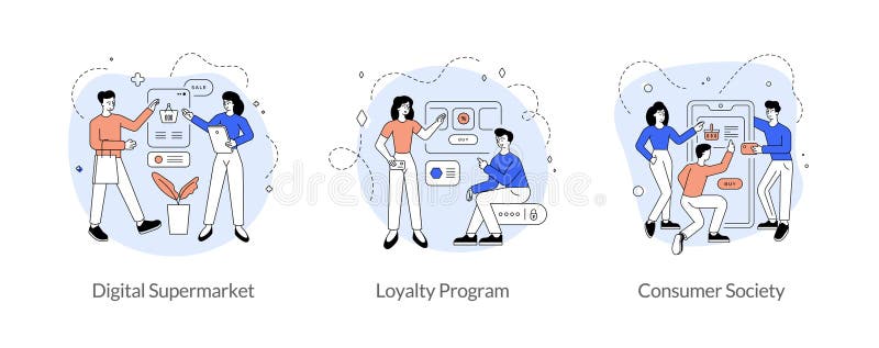 Digital Supermarket, Loyalty Program, Consumer Society. Linear Flat ...