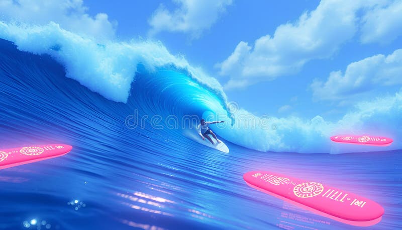 A Digital Surfer Riding a Giant Wave in a Virtual Ocean, Surrounded by ...