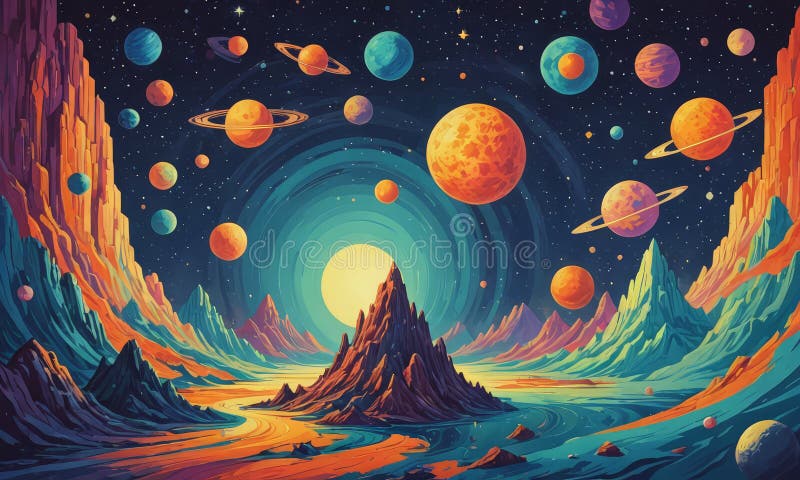 Digital Surreal Landscape Features Central Mountain with Glowing Yellow ...