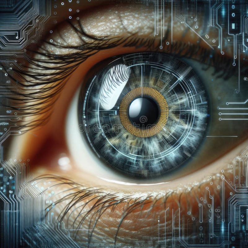 Digital Surveillance Concept. Closeup of Human Eye with Digital Chip ...