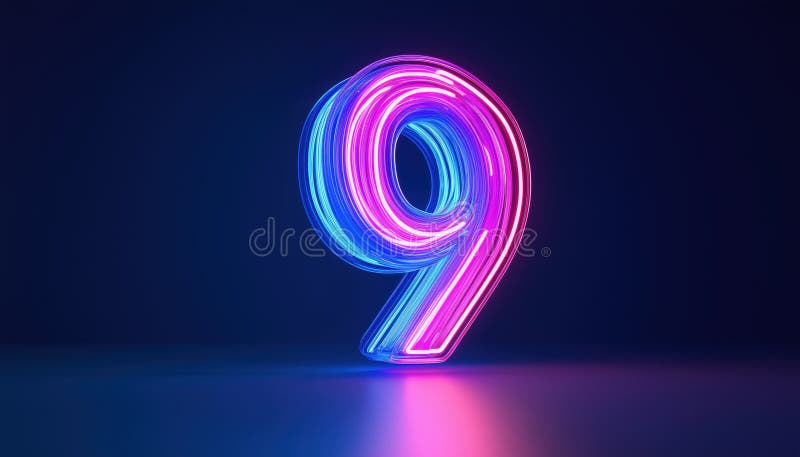 Digital Symbol Nine Rendered in a Pink and Blue Gradient Neon Light ...