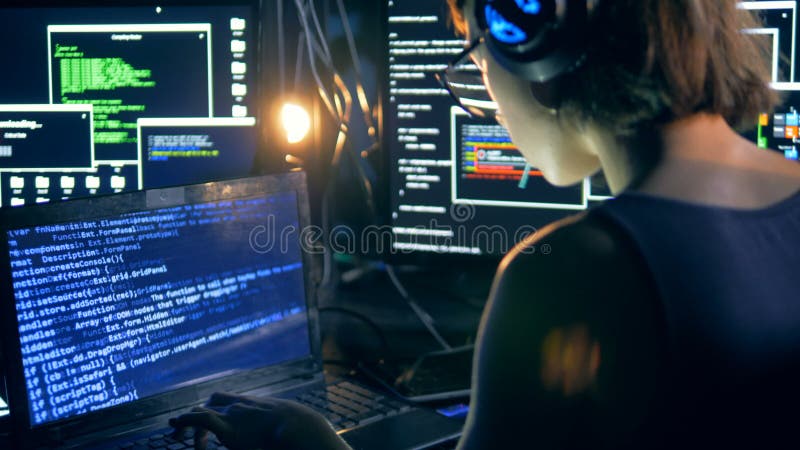 Hacker Woman Working with a Laptop, Close Up. Stock Video - Video of ...