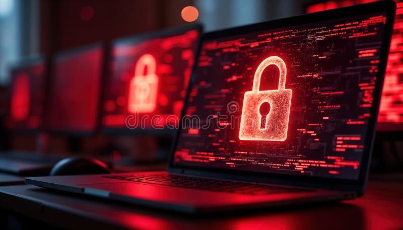 Digital System Under Cyber Attack. Red Padlock Graphic on Laptop Screen ...