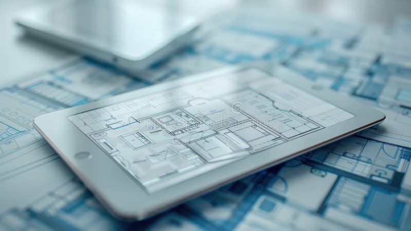 Digital Tablet with BIM Software and Blueprints for Building ...