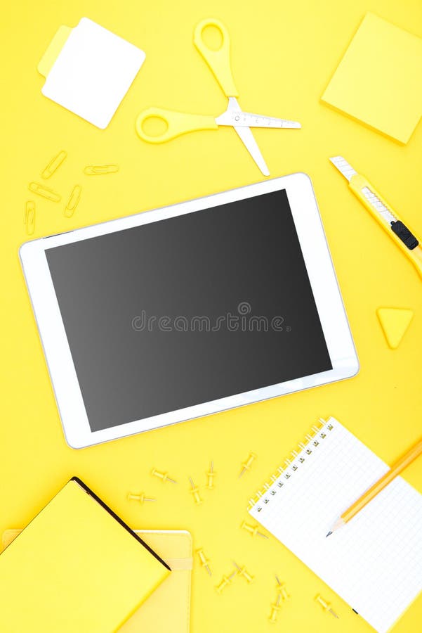 Digital Tablet Blank Screen Office Supplies Yellow Tabletop Stock ...
