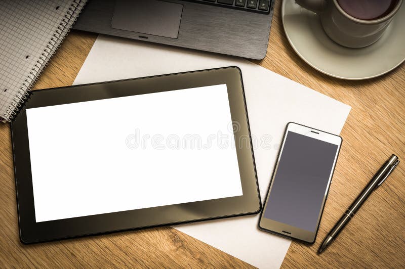 Digital Tablet with Blank Screen on Wooden Table in Office Stock Image ...