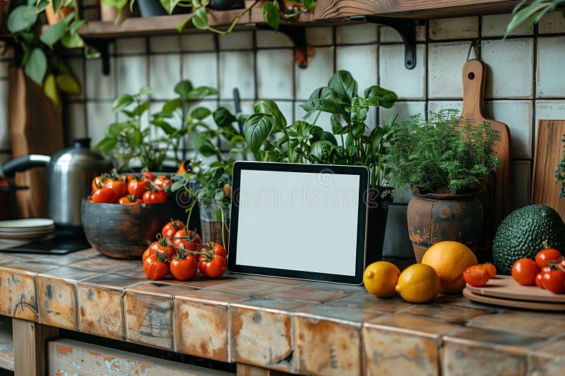 Digital Tablet Display on Kitchen Countertop with Fresh Produce Stock ...