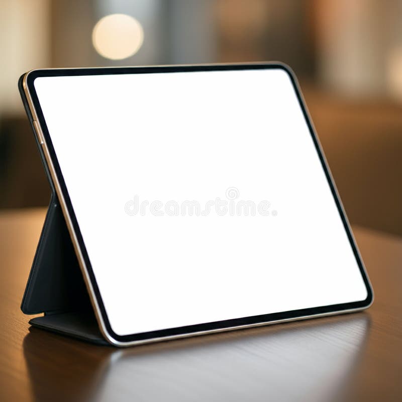 A Digital Tablet with a Blank, White Screen Rests on a Wooden Surface ...