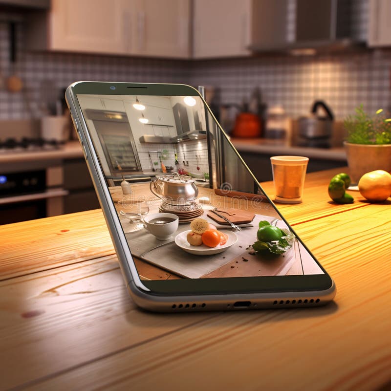 Digital Tablet with Breakfast on Table in Modern Kitchen. 3d Rendering ...