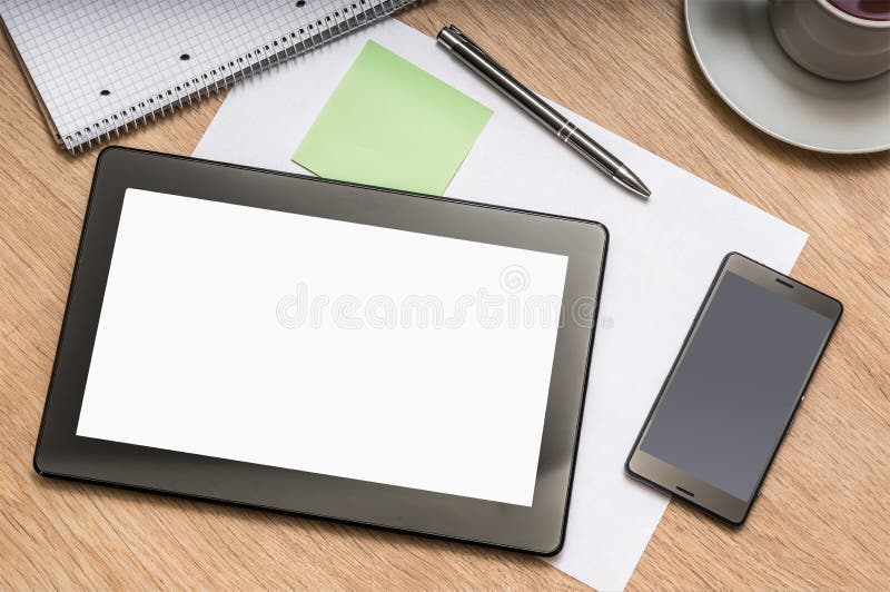 Digital Tablet on Business Table with Blank White Screen Stock Photo ...