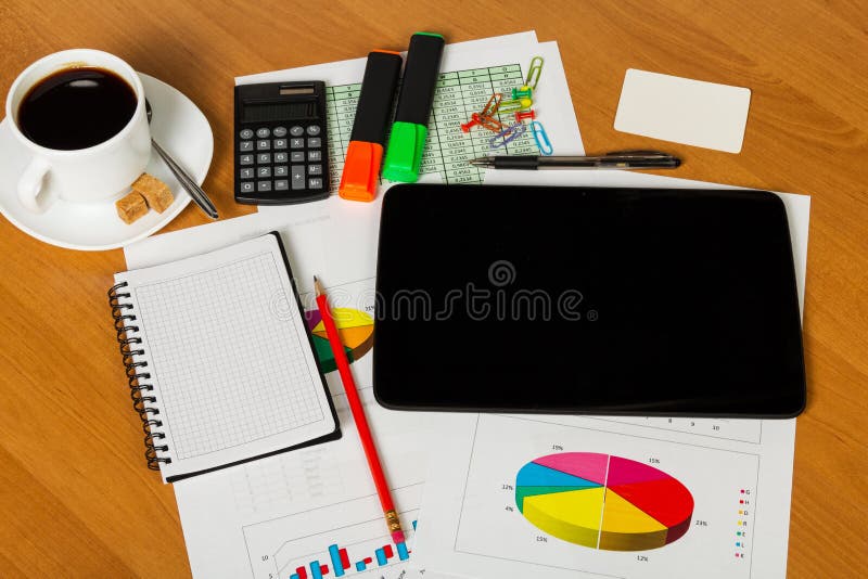 Digital Tablet, Calculator, Coffee, Notebook, Office Supplies on ...