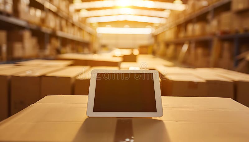 Digital Tablet on Cardboard Box in Warehouse with Sunlight from Window ...