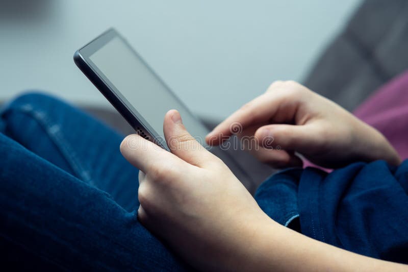 Digital Tablet Computer in Male Hands, Side View Closeup. Young Guy ...