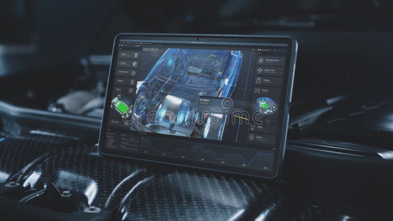Tablet Computer Screen Shows 3D Visualization of Car Diagnostics ...