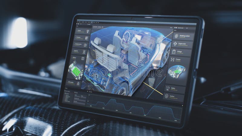 Tablet Computer Screen Shows 3D Visualization of Car Diagnostics ...