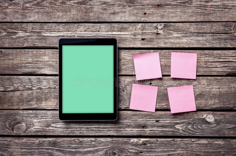 Digital Tablet Computer with Sticky Notes on Wooden Desk. Stock Image ...