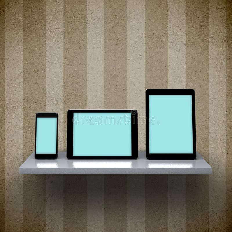 Digital Tablet Computers and Smart Phone on a Shelf Stock Illustration ...