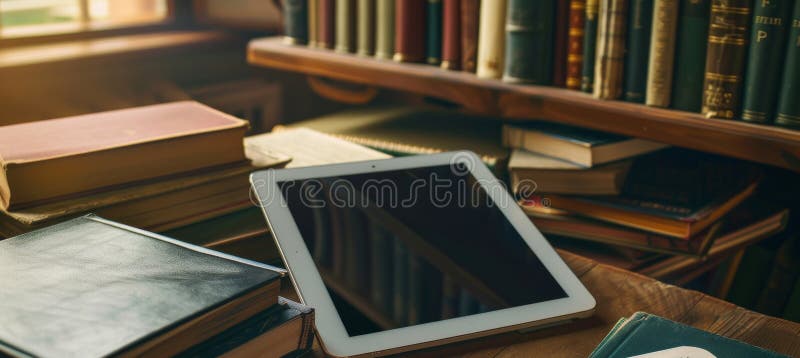 Digital Tablet on a Desk with Study Materials Stock Illustration ...