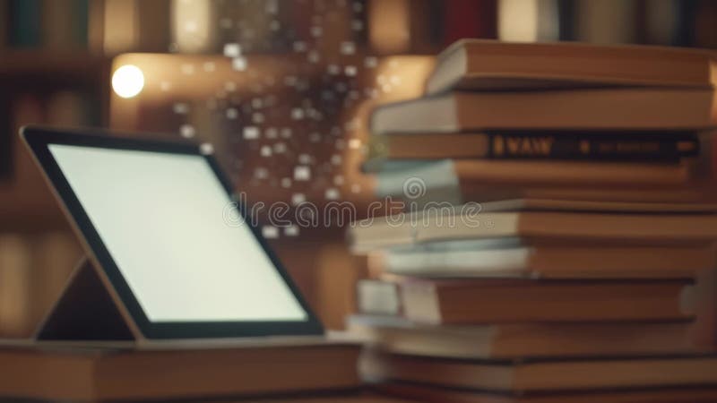Digital Tablet Displaying Blank White Screen Next To Stack of Books on ...