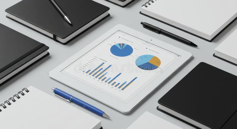 Digital Tablet Displaying Business Analytics with Charts and Graphs Surrounded by Notebooks and ...
