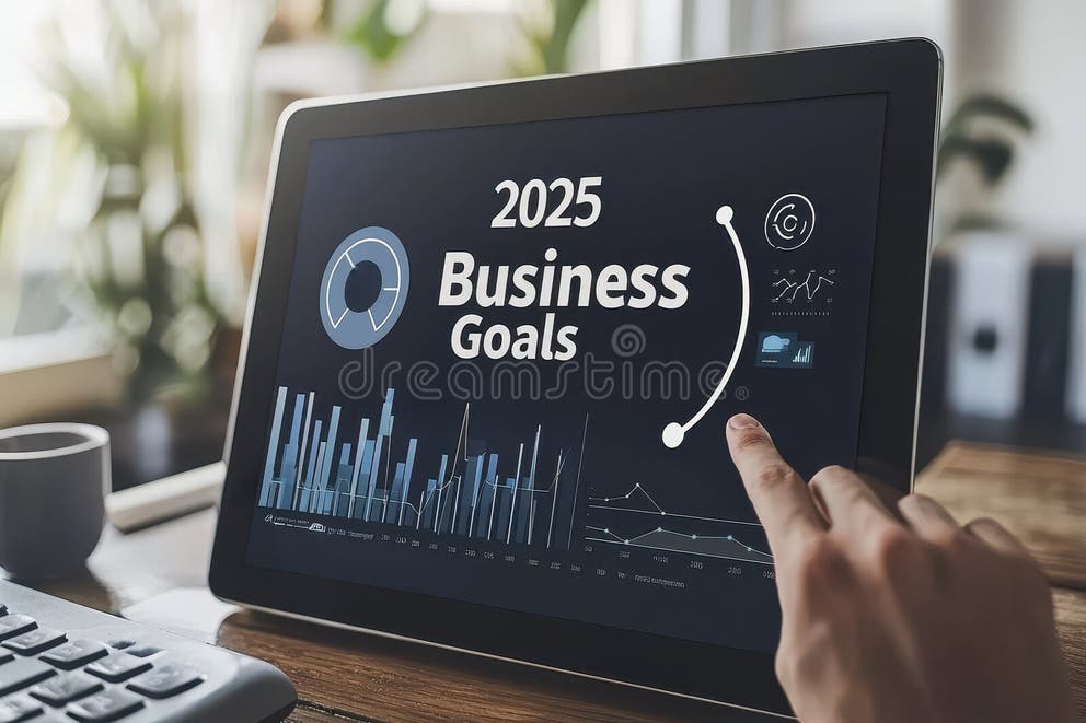 Digital Tablet Displaying Business Goals for 2025 with Data ...