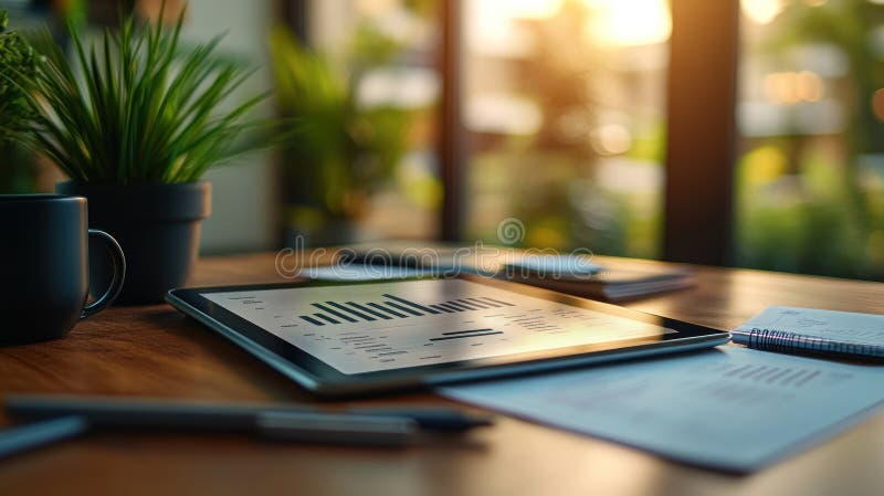 A Digital Tablet Displaying Graphs and Charts on Wooden Desk ...