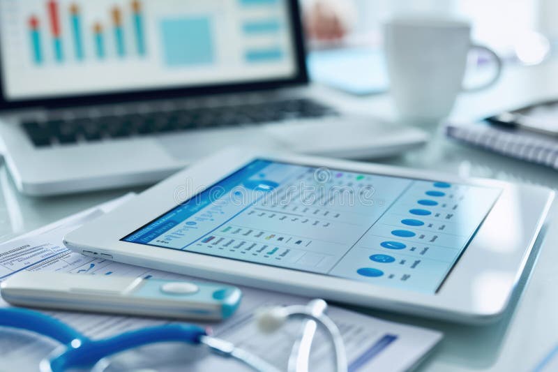 Digital Tablet Displaying Healthcare Analytics on a Cluttered Desk with ...