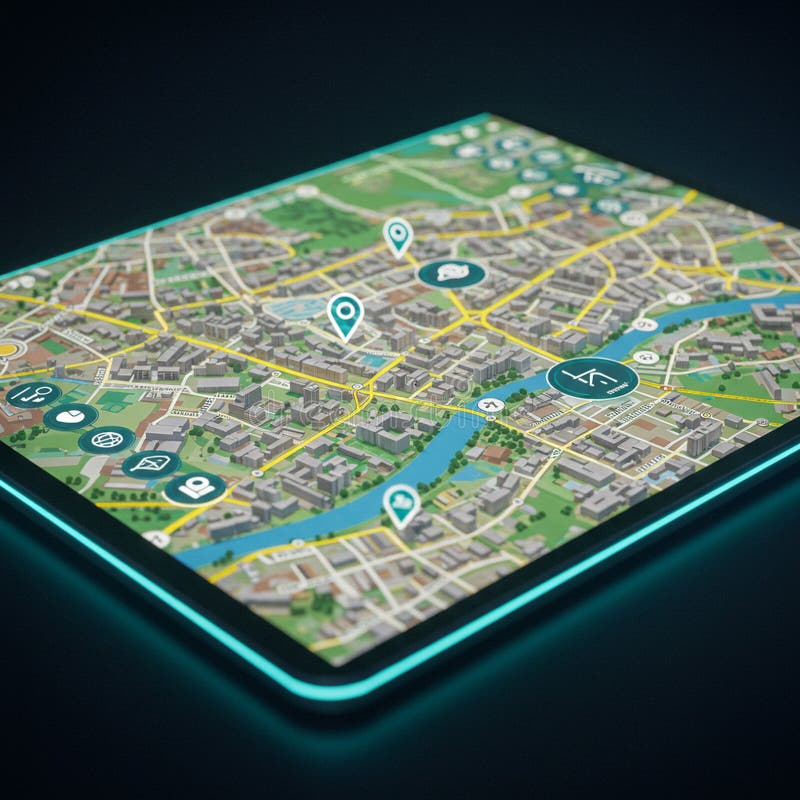 Digital Tablet Displaying an Interactive City Map with Detailed 3D ...