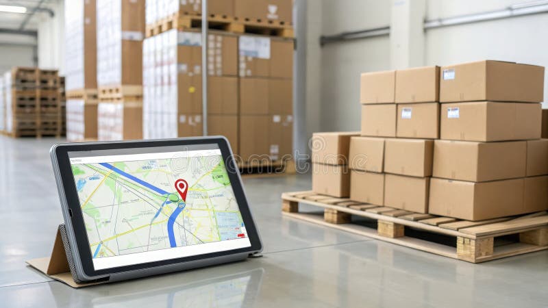 Digital Tablet with Map Application in Warehouse Setting with Cardboard ...