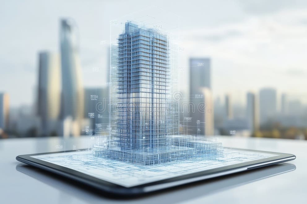 Digital Tablet Displaying Skyscraper Blueprint and 3d Model with Grid ...