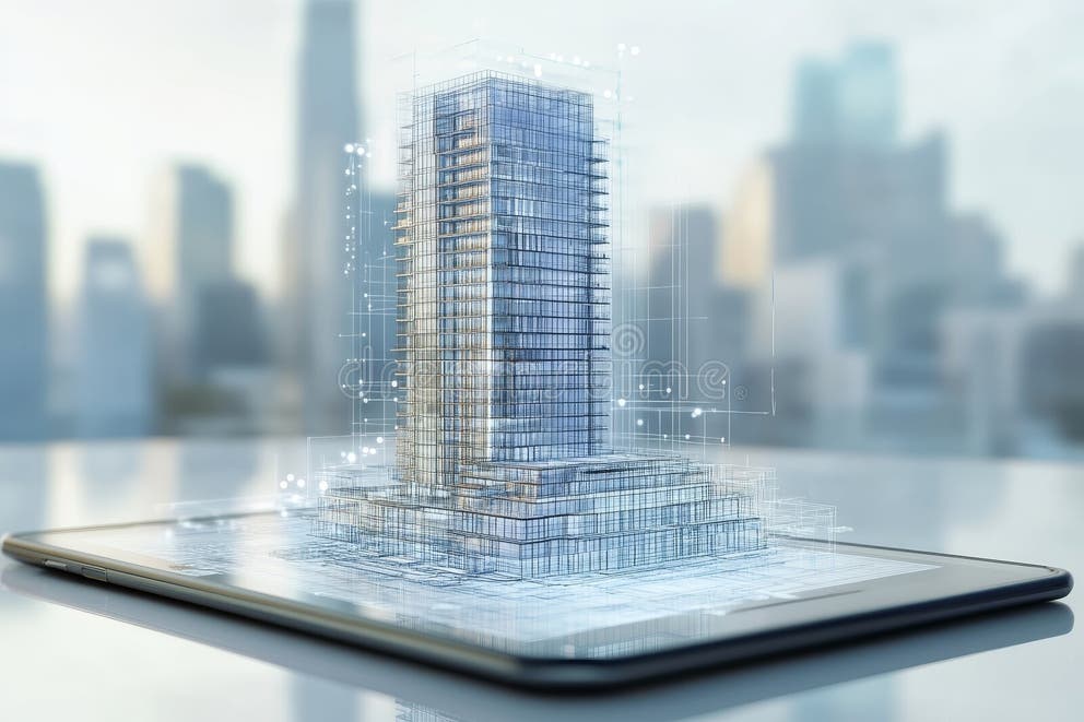 Digital Tablet Displaying Skyscraper Blueprint and 3d Model with Grid ...