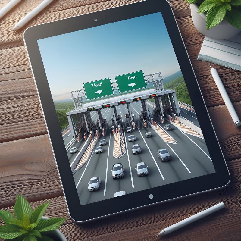 Digital Tablet Displaying Toll Gate with High-Speed Traffic Stock ...