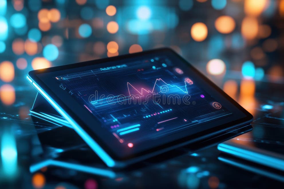 Digital Tablet Displaying Vibrant Data Visualization with Fluctuating Graphs in a Tech Inspired ...